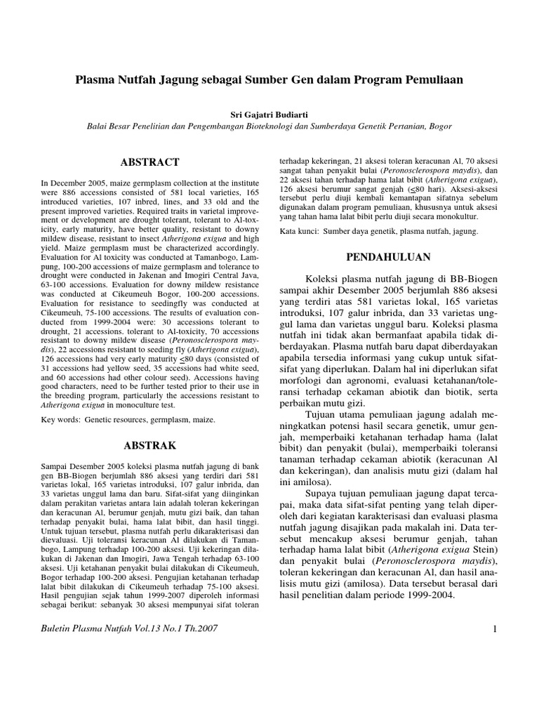Plasma Nutfah Jagung: Sumber Gen Pemuliaan | PDF