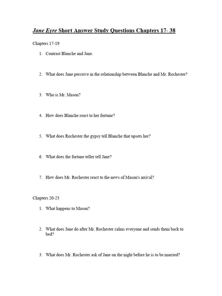 Jane Eyre Study Questions: Chapters 17-38 | PDF | Jane Eyre