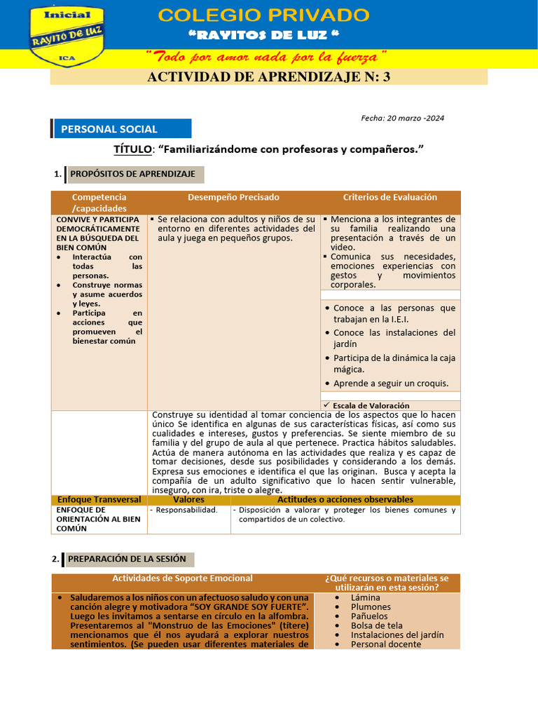 Sesion - Ini - 3a - 20 - Marzo - 2024 | PDF | Aprendizaje | Las emociones