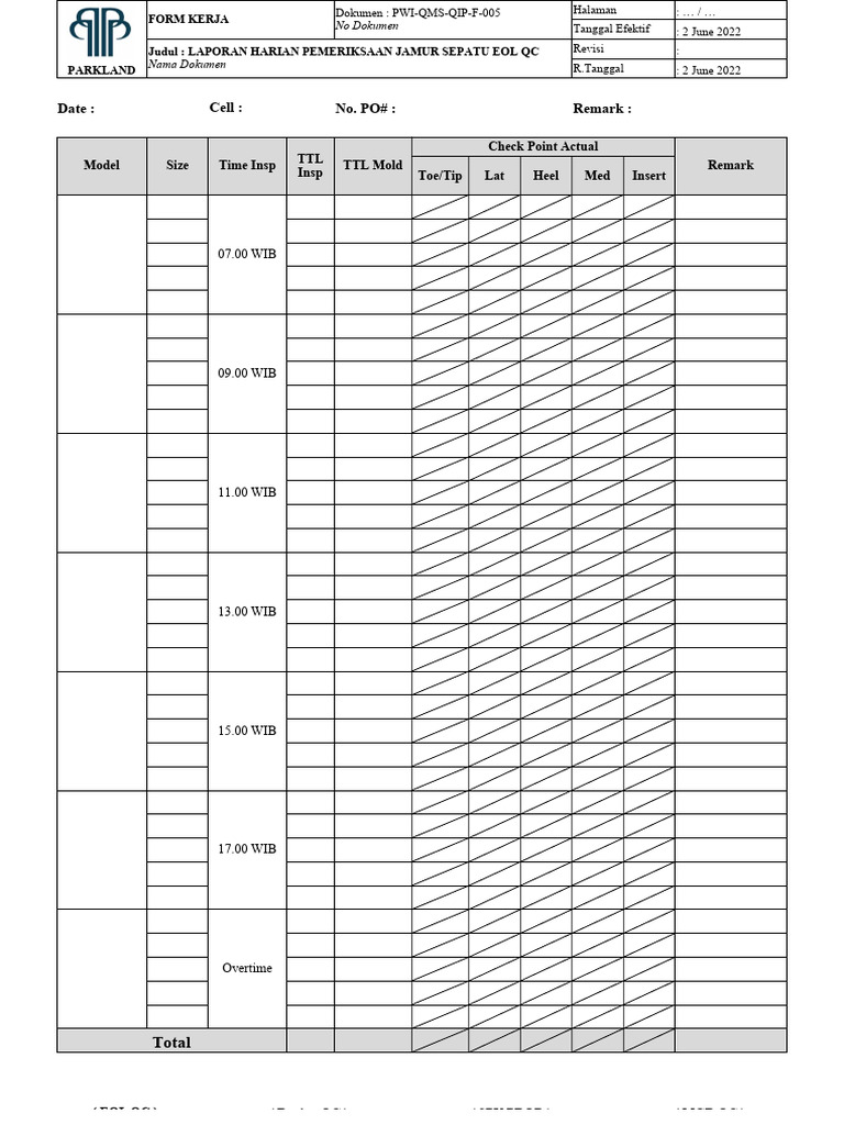 F-005 Laporan Harian Pemeriksaan Jamur Sepatu EOL QC | PDF