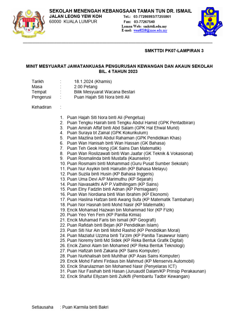 Minit Mesyuarat JPKA Bil.4 Tahun 2023 | PDF