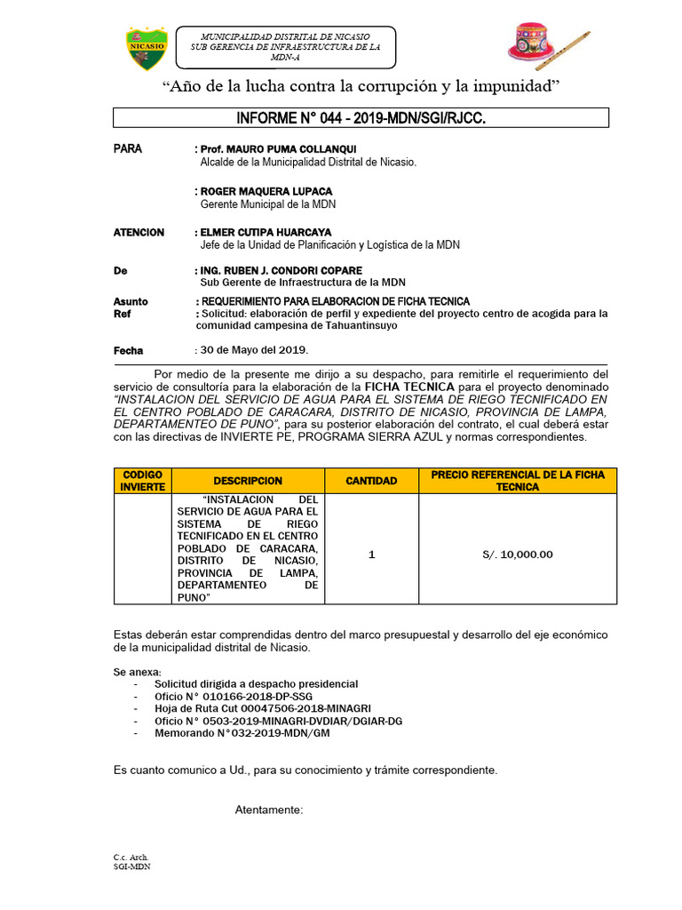 Informe N 044 Requerimiento para La Elaboracion de Ficha Tecnica Riego Tecnificado Sierra Azul | PDF