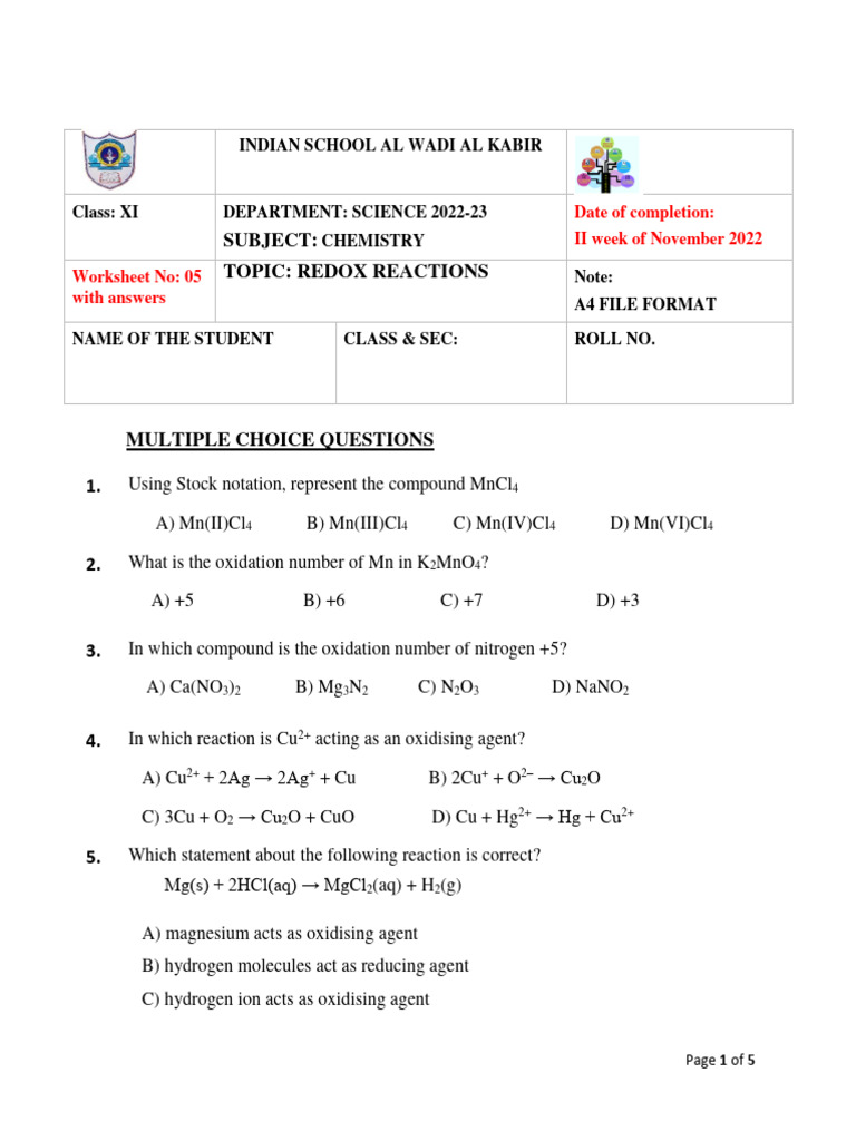 Class XI Chemistry Worksheet | PDF | Redox | Chemical Reactions
