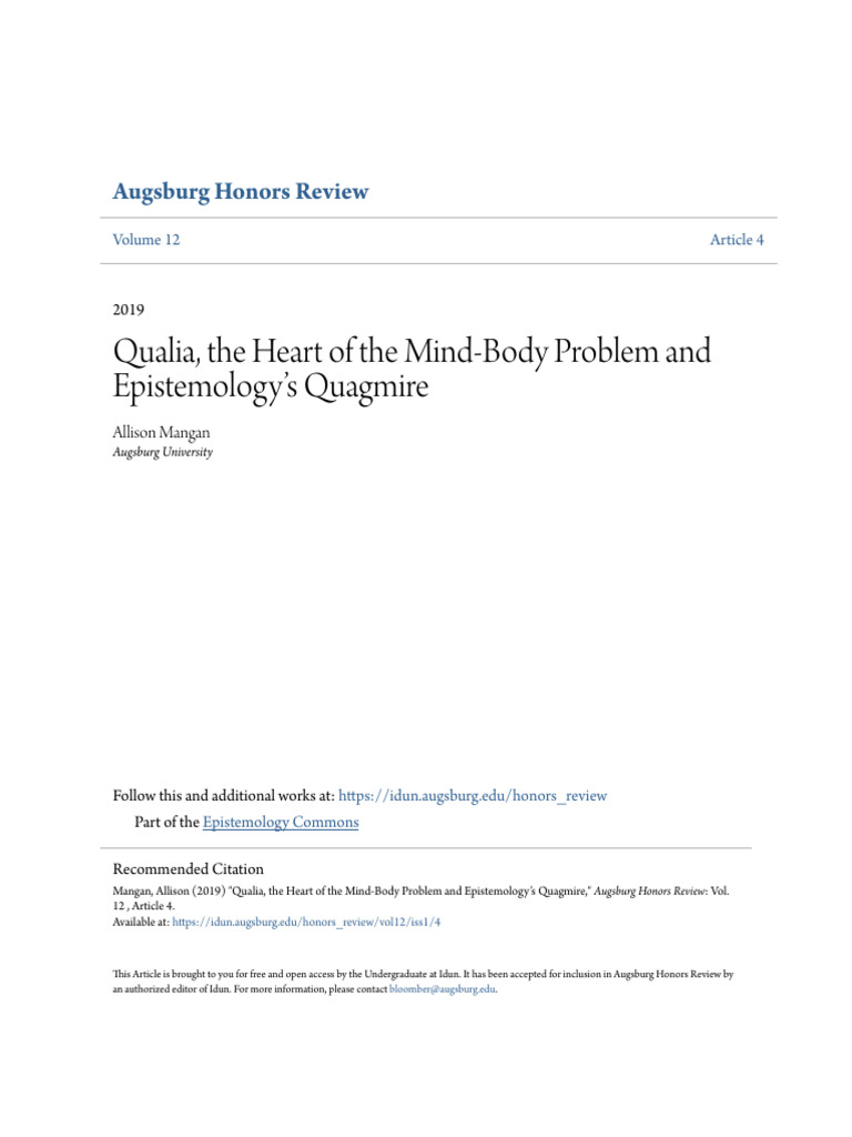 Qualia The Heart of The Mind-Body Problem and Epistemology - S Qua ...