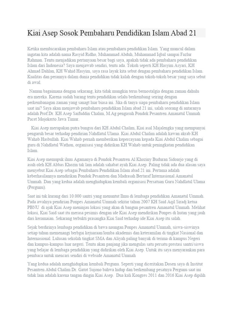 Dindi Gesit S Kiai Asep Sosok Pembaharu Pendidikan Islam Abad 21 | PDF