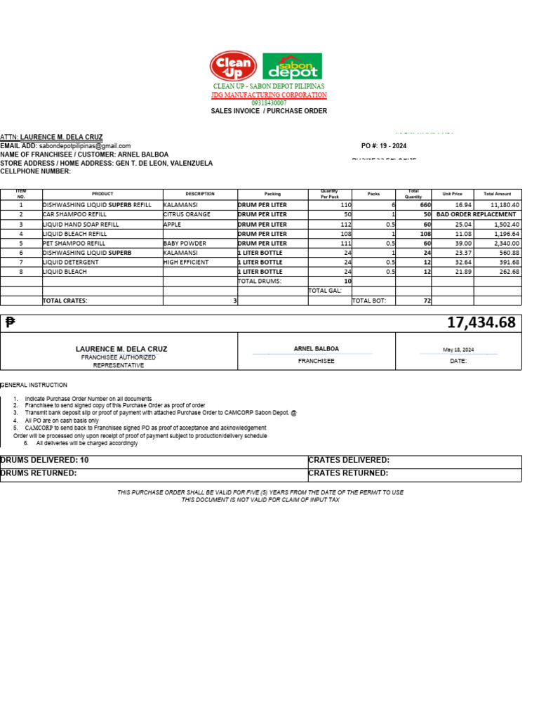 Franchisee Purchase Order Summary | PDF | Franchising | Receipt