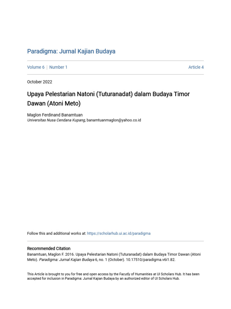 Upaya Pelestarian Natoni (Tuturanadat) Dalam Budaya Timor Dawan ( | PDF | Ilmu Sosial