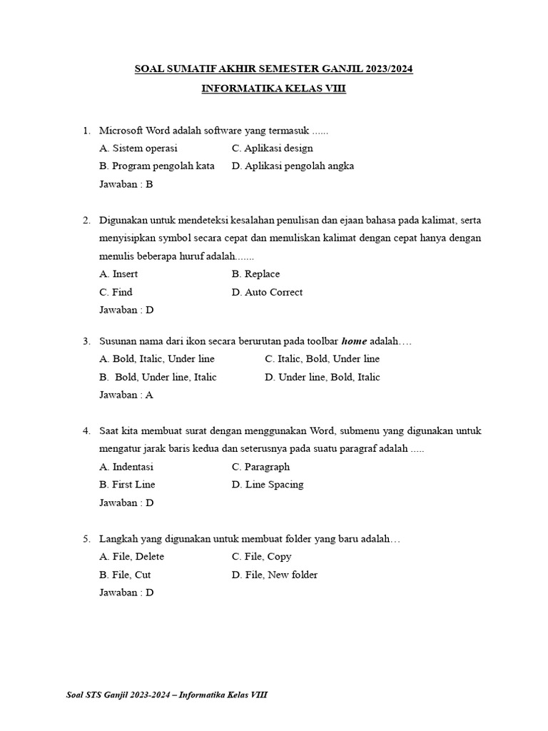 Soal Sumatif Akhir Semester Ganjil 2023-2024 - Informatika Kelas Viii | PDF