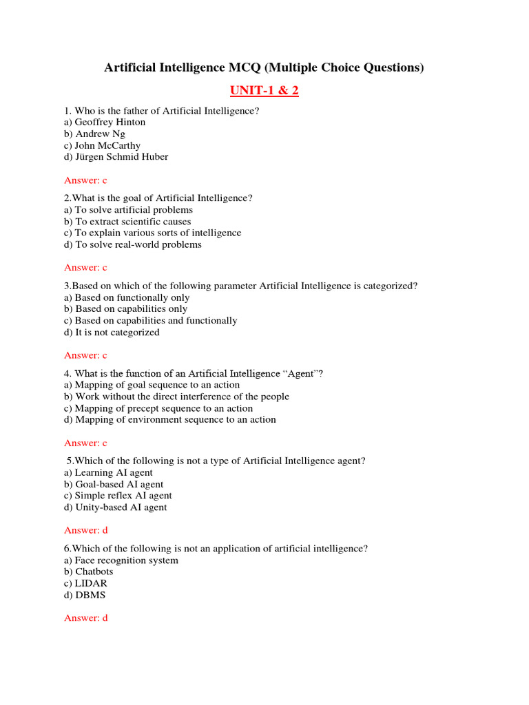 Artificial Intelligence MCQ-unit1&2 | PDF | Artificial Intelligence ...