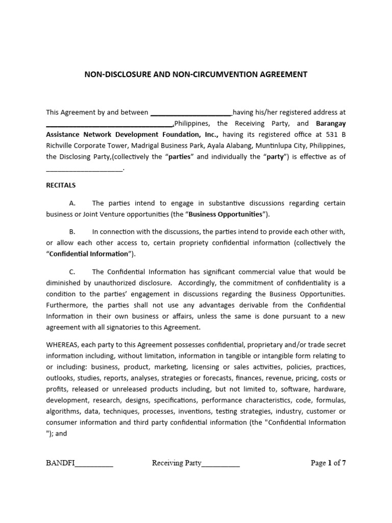 Non-Disclosure and Non-Circumvention Agreement | PDF | Confidentiality ...