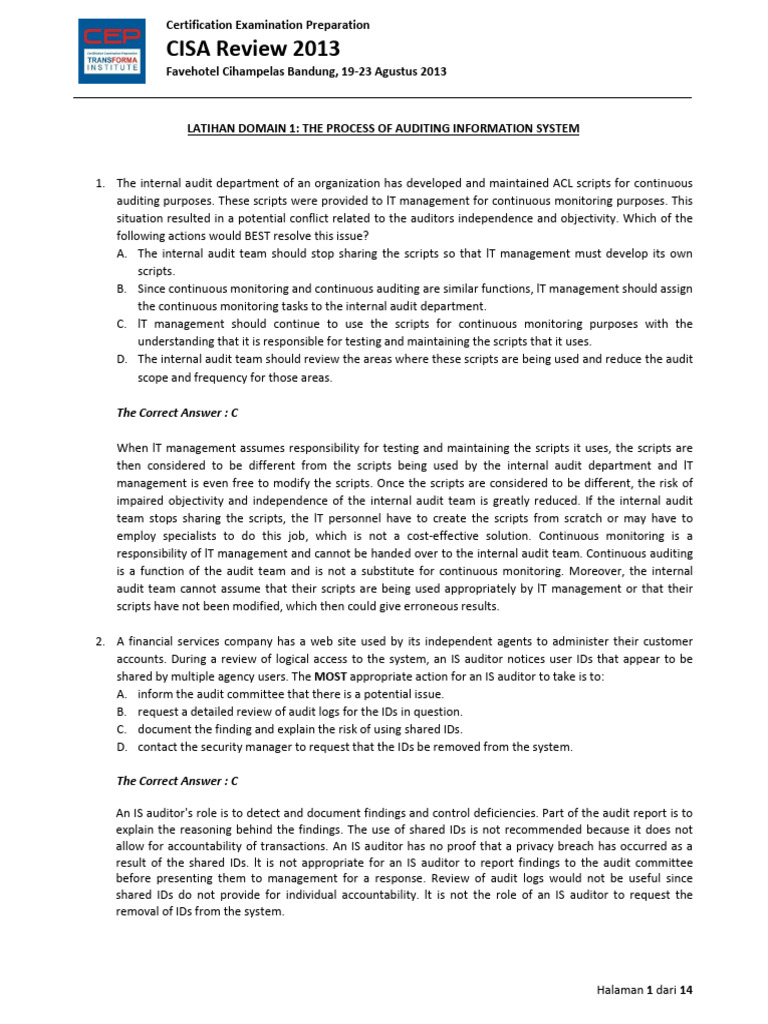 CISA Domain 1 Exam Practice Questions | PDF | Audit | Internal Audit