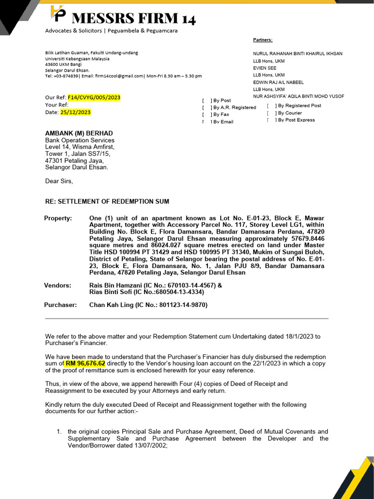 VS Letter To The Vendors' Financier Forwarding Copies of The Deed of ...