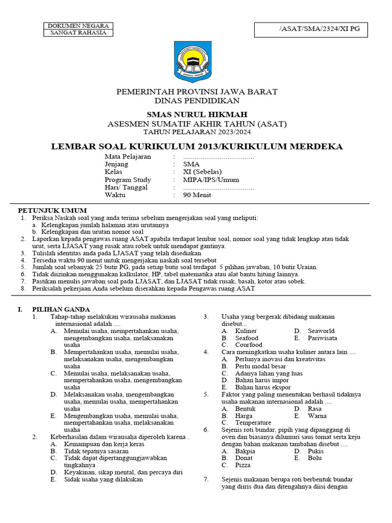 Format Soal Asat 2324 Mapel | PDF