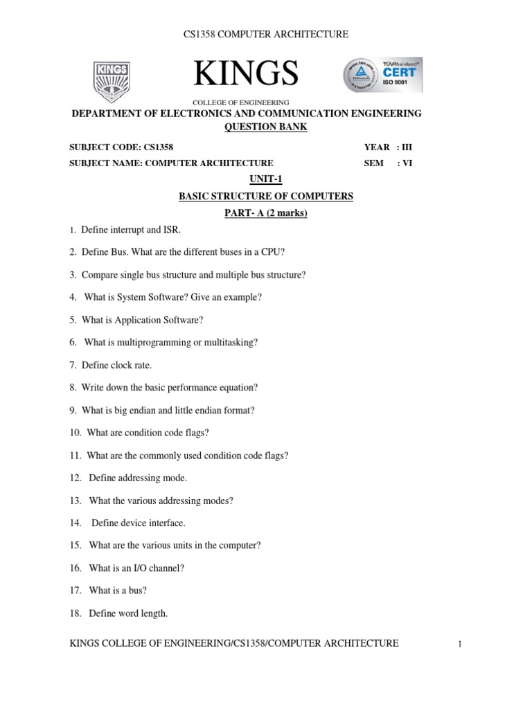 Computer Architecture Question Bank | PDF | Input/Output | Computer Data Storage