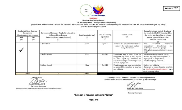 Barangay Road Clearing Report - April 2024 | PDF