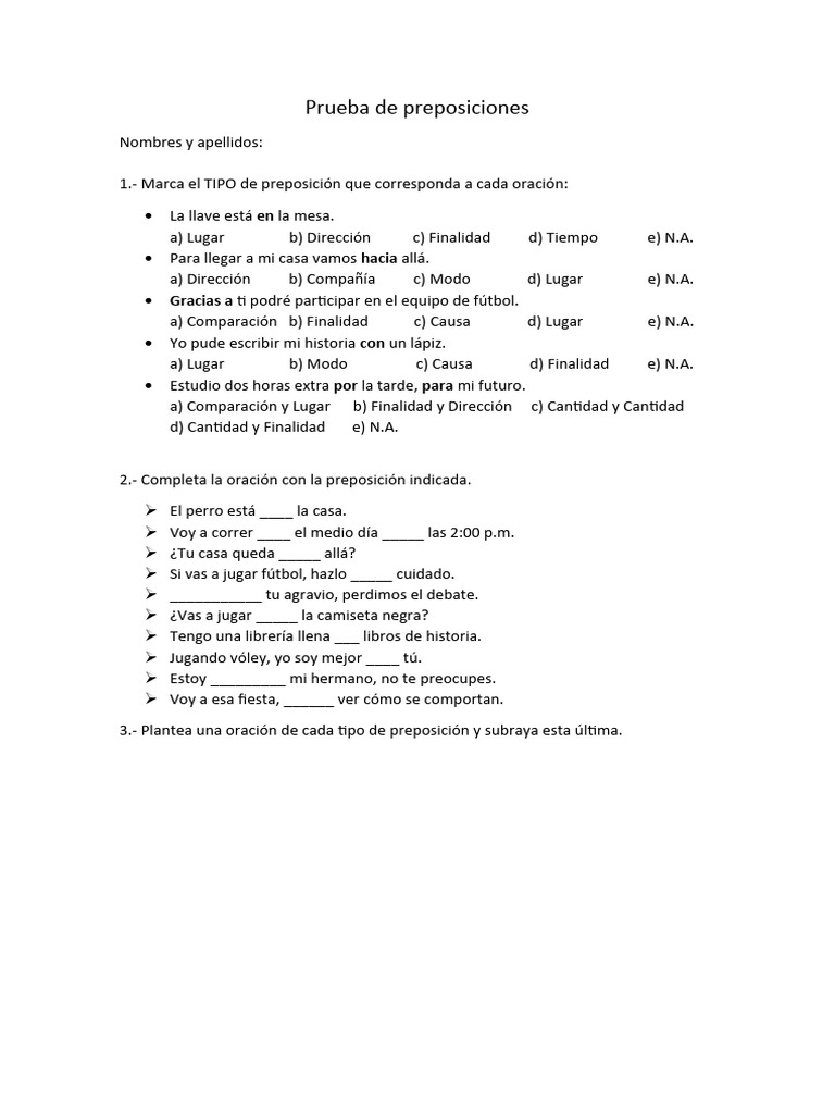 Prueba de preposiciones | PDF