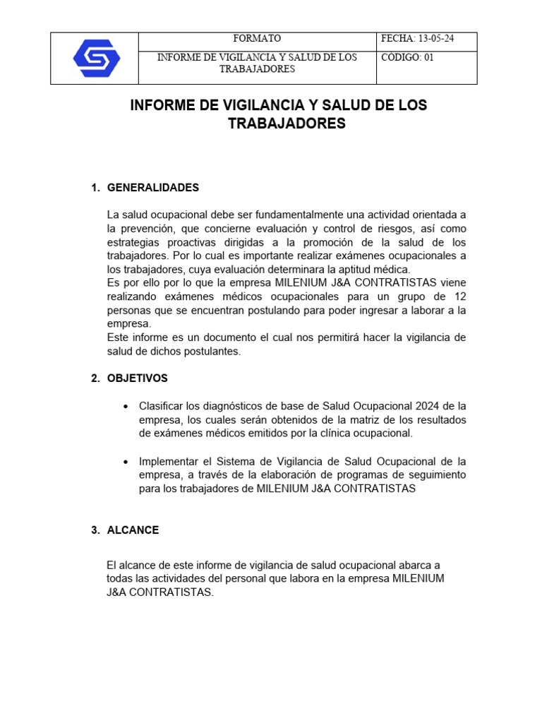 INFORME DE VIGILANCIA DE SALUD OCUPACIONAl1 | Descargar gratis PDF | Seguridad y salud ...