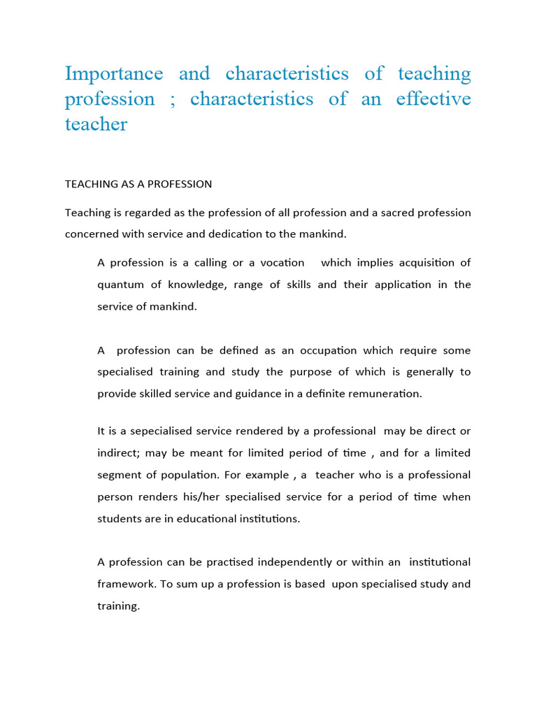 Importance and Characteristics of Teaching Profession | PDF | Teachers ...
