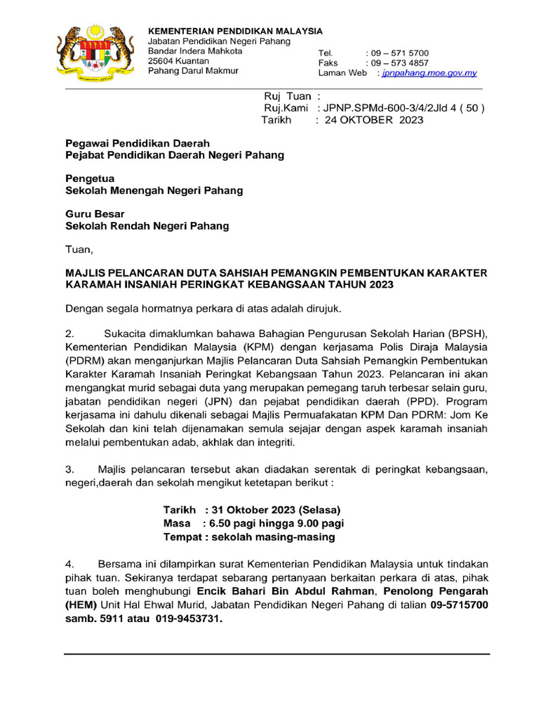 Surat Pelancaran Program Duta Madani Sahsiah Pahang | PDF