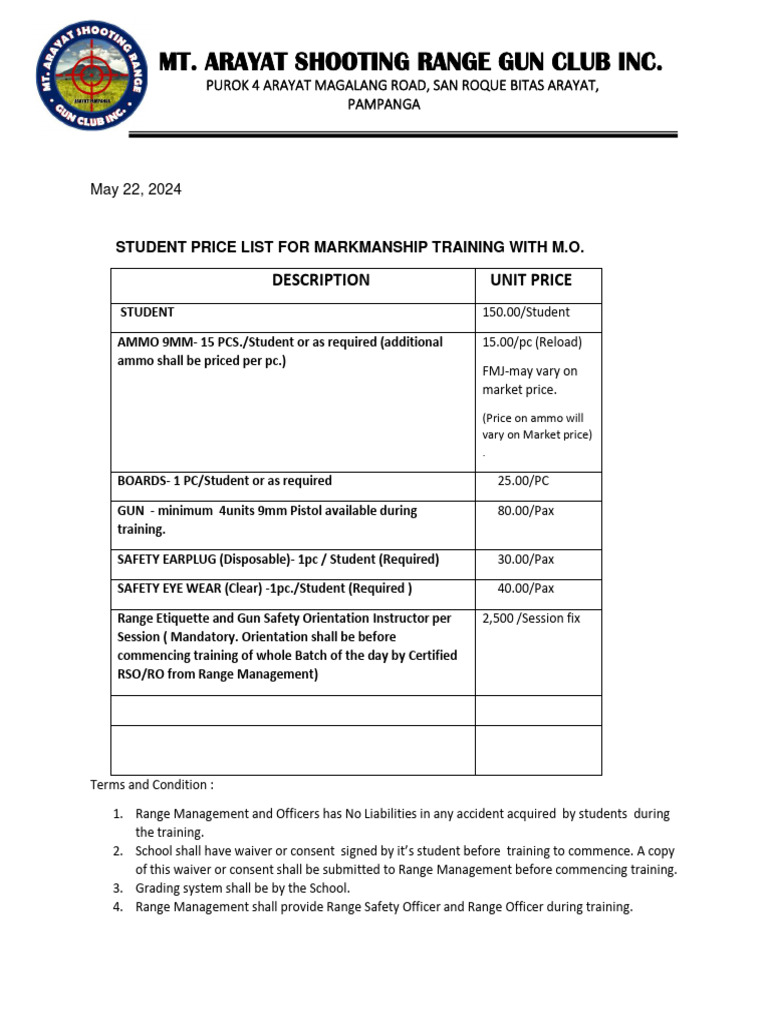 MT - Arayat Shooting Range Pricing For BS Criminology Students | PDF ...
