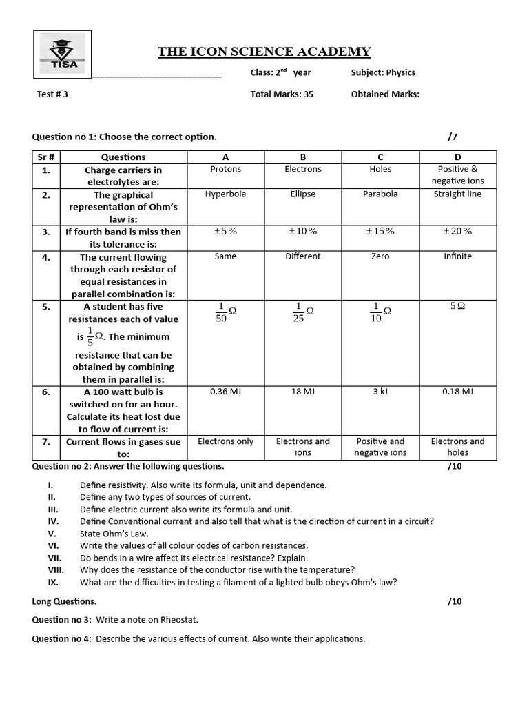 2nd Year Physics Test # 3 | PDF | Electrical Resistance And Conductance ...