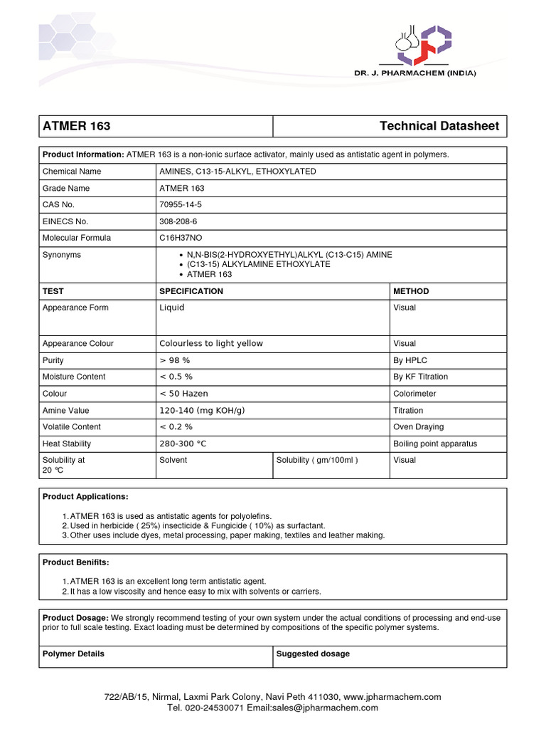 70955-14-5 - 2 Atmer 163 | PDF | Amine | Chemical Substances