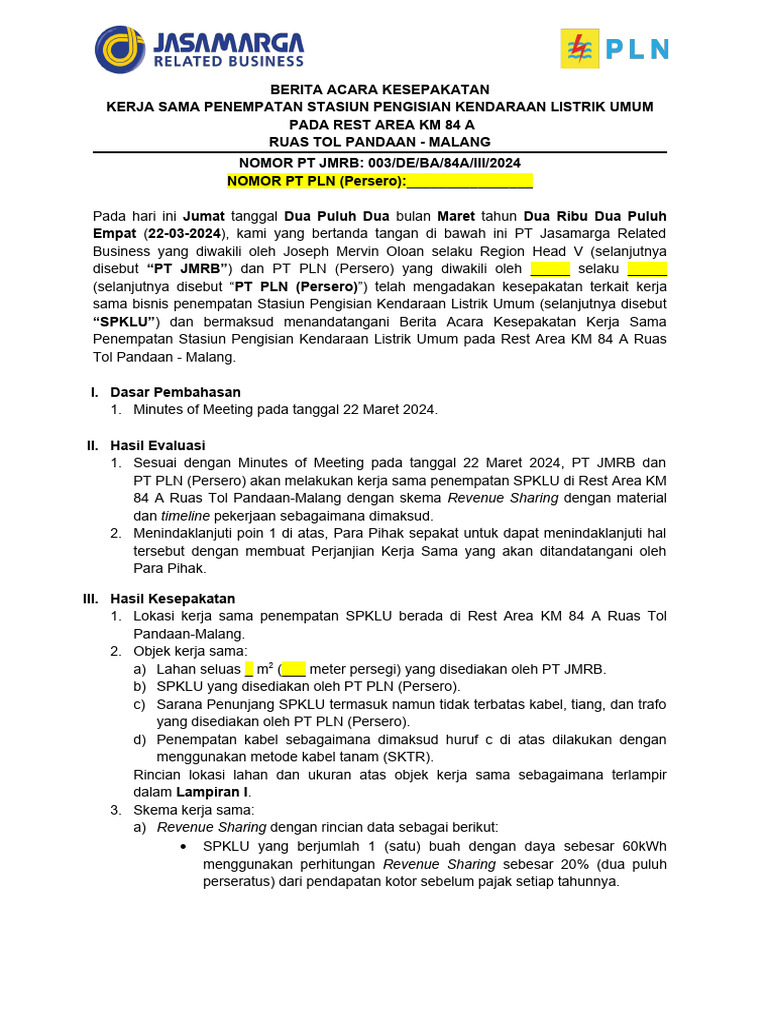 (Draft) Berita Acara Kesepakatan Spklu 84 A (Up3 Malang) 08052024-1 ...