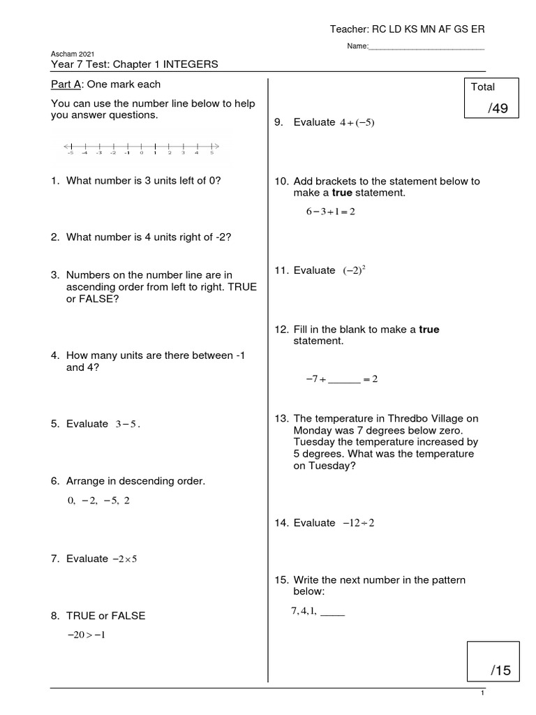 2021 Y7 Term1 Test1 Ch1 | PDF | Mathematics