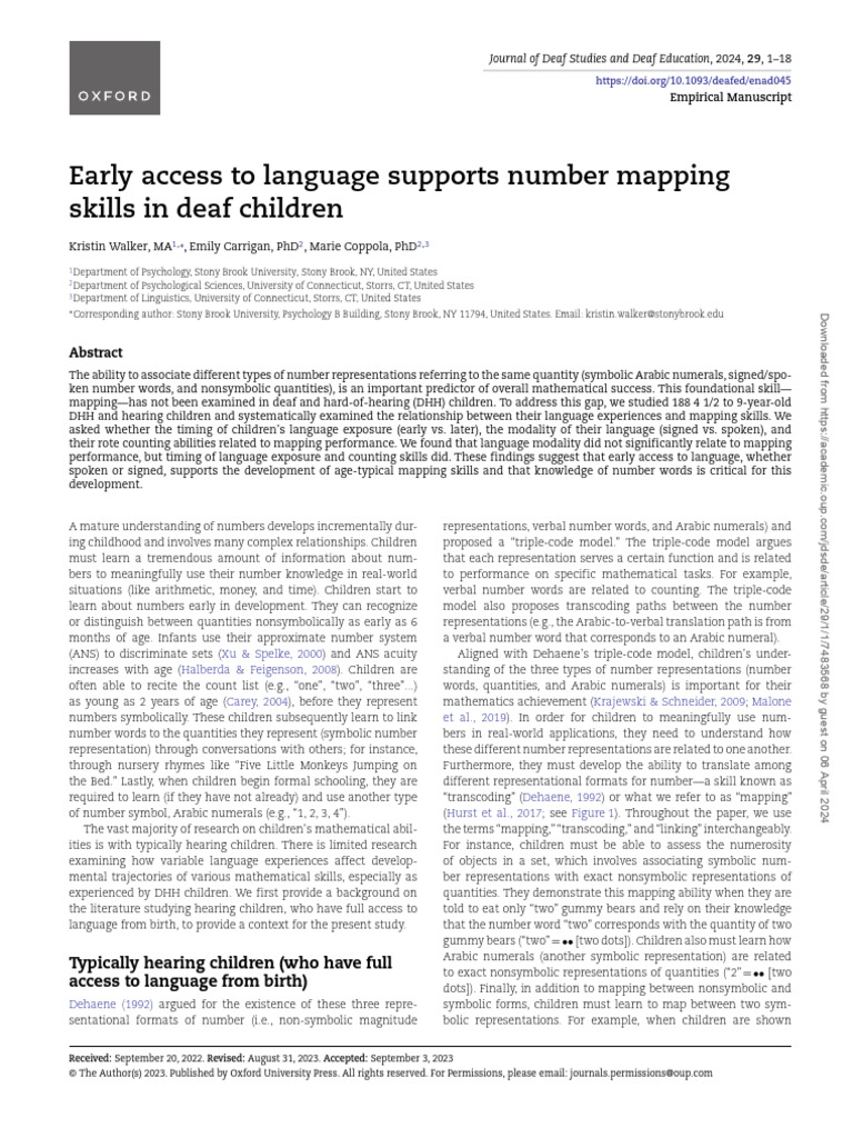 Early Access To Language Supports Number Mapping Skills in Deaf Children | Download Free PDF ...