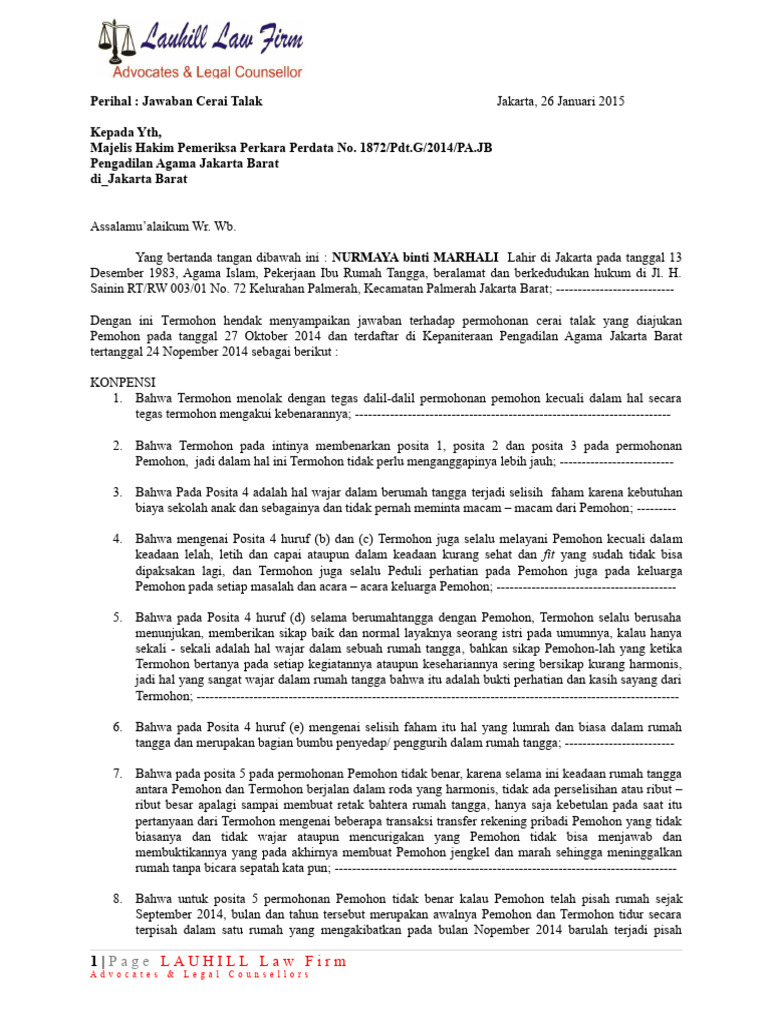 Jawaban CERAI TALAK - NURMAYA Binti MARHALI Jakbar | PDF
