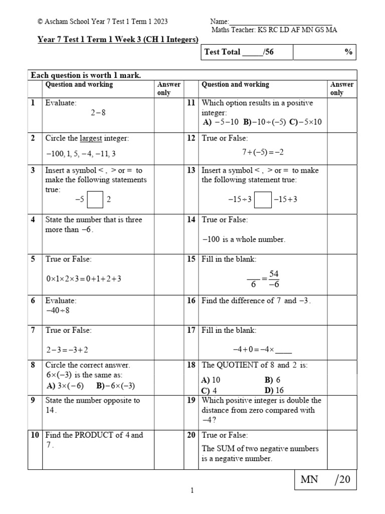 Year 7 Maths Test Term 1 2023 | PDF | Number Theory | Mathematics
