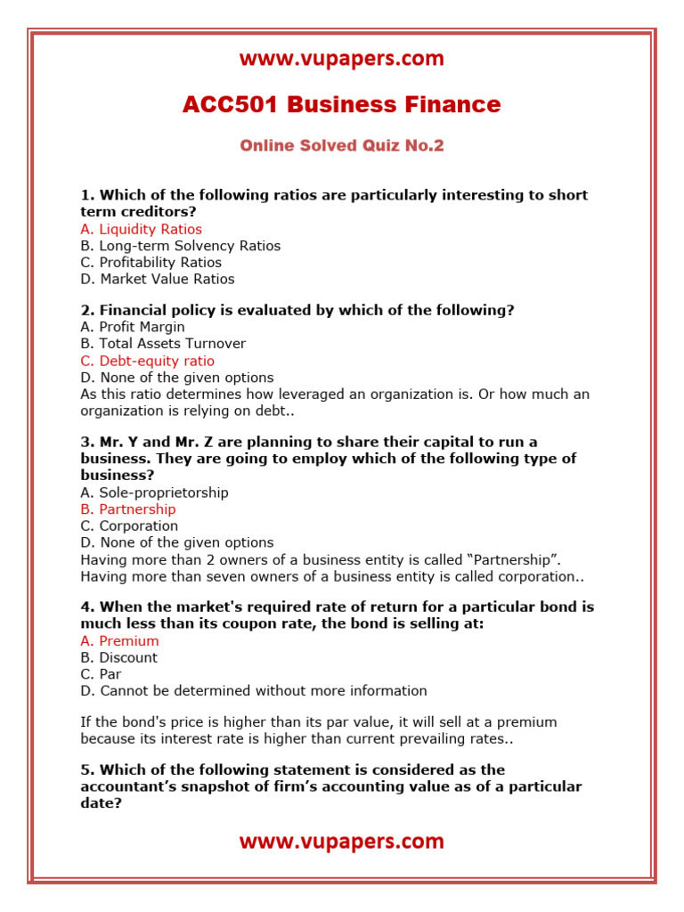 ACC501 Midterm Solved Quiz No 2 Fall 2020. | PDF | Bonds (Finance) | Equity (Finance)