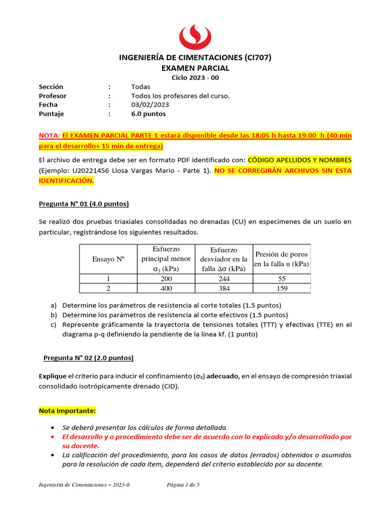 Examen Parcial - Ing. Cimentaciones - 2023-0 | PDF | Fundación (Ingeniería) | Elementos ...
