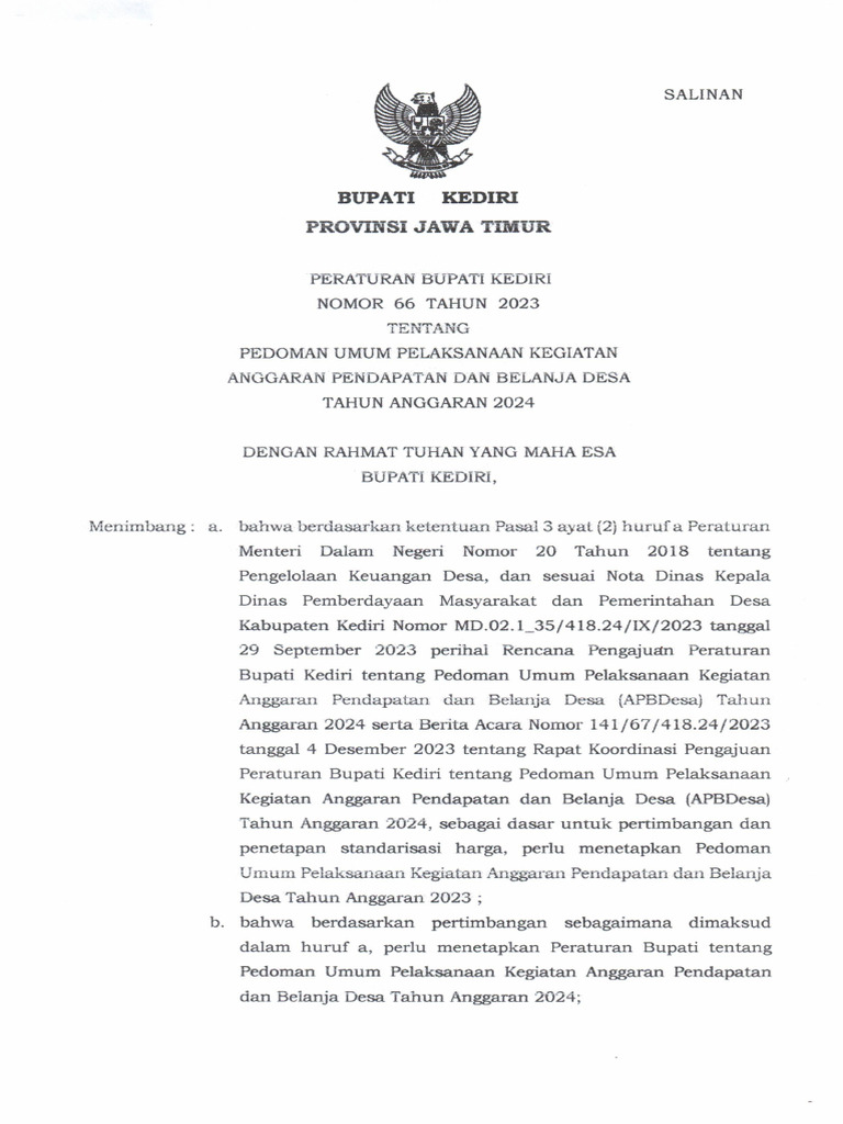 SALINAN PERBUP NO 66 TAHUN 2023 TENTANG PEDUM APBDesa TA 2024 | PDF