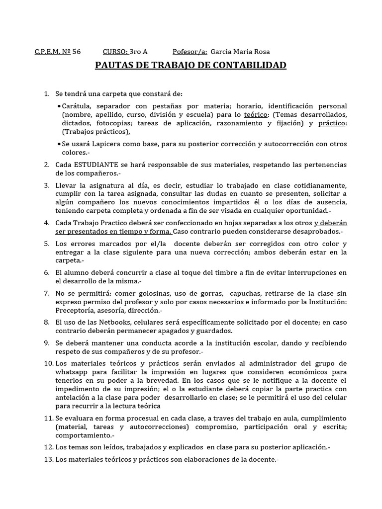 Pautas de Trabajo en Contabilidad 3ro A | PDF