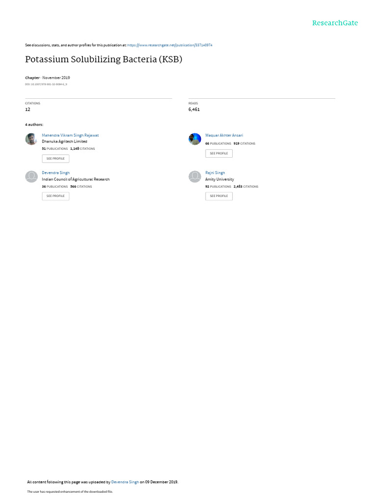 Potassium Solubilizing Bacteria KSBBookchapter | PDF | Soil | Fertilizer