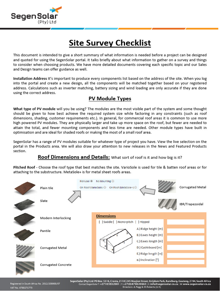 Site Survey Checklist | PDF | Photovoltaic System | Photovoltaics Site Survey Checklist | PDF | Photovoltaic System | Photovoltaics