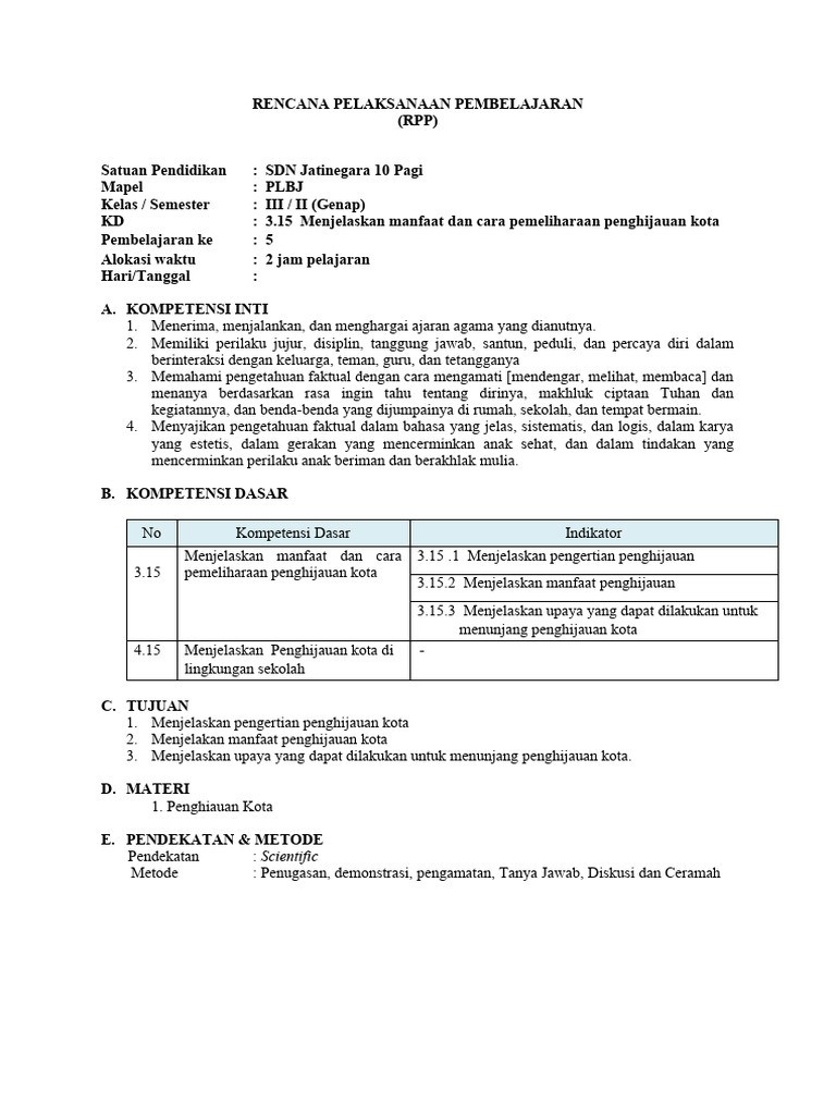RPP PLBJ Kelas 3 Bab Penghijauan Kota | PDF | Kesehatan Holistik | Sains & Matematika