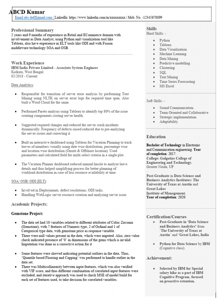 Sample - Resume For Data Analyst Aspirants | PDF | Logistic Regression ...
