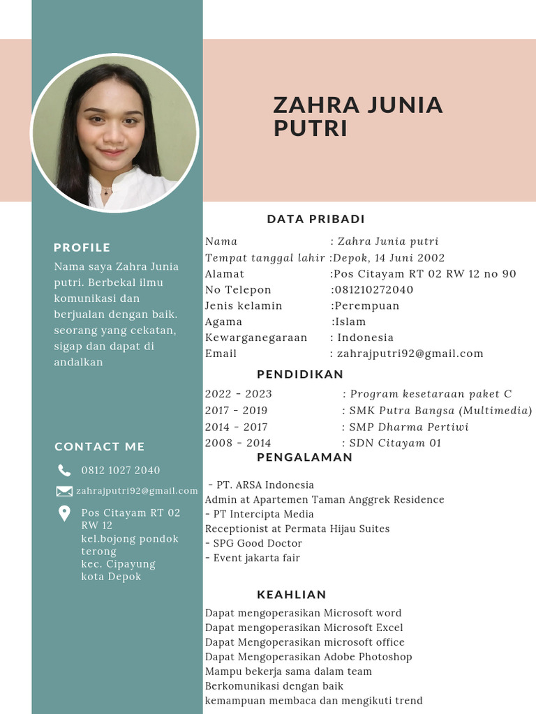 CV Zahra Junia Putri - 20240401 - 135355 - 0000 | PDF