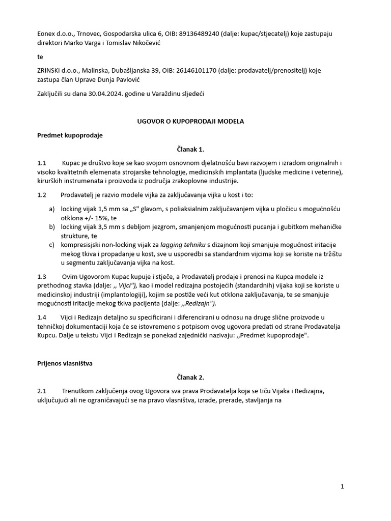 Ugovor o Kupoprodaji Modela 30.04.24. | PDF