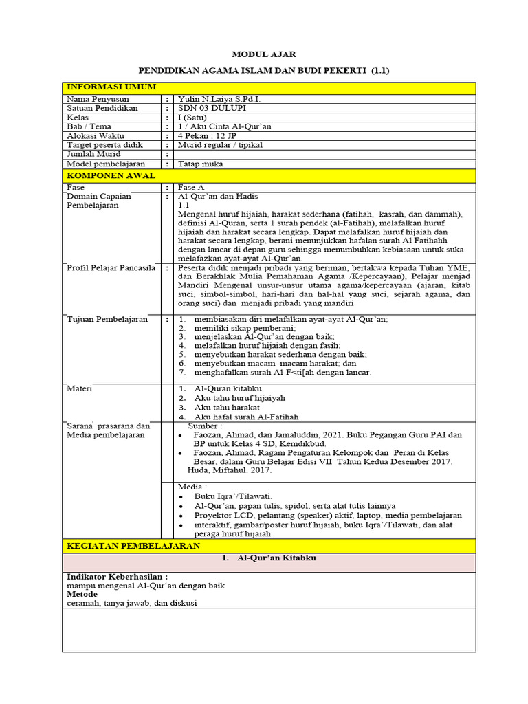Modul Ajar Kelas 1 Bab 1 | PDF