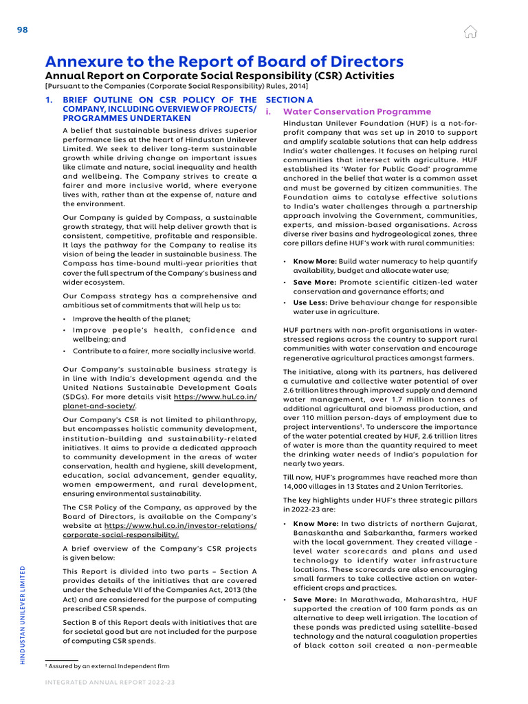 HUL CSR Policy & Project Overview | PDF | Corporate Social ...