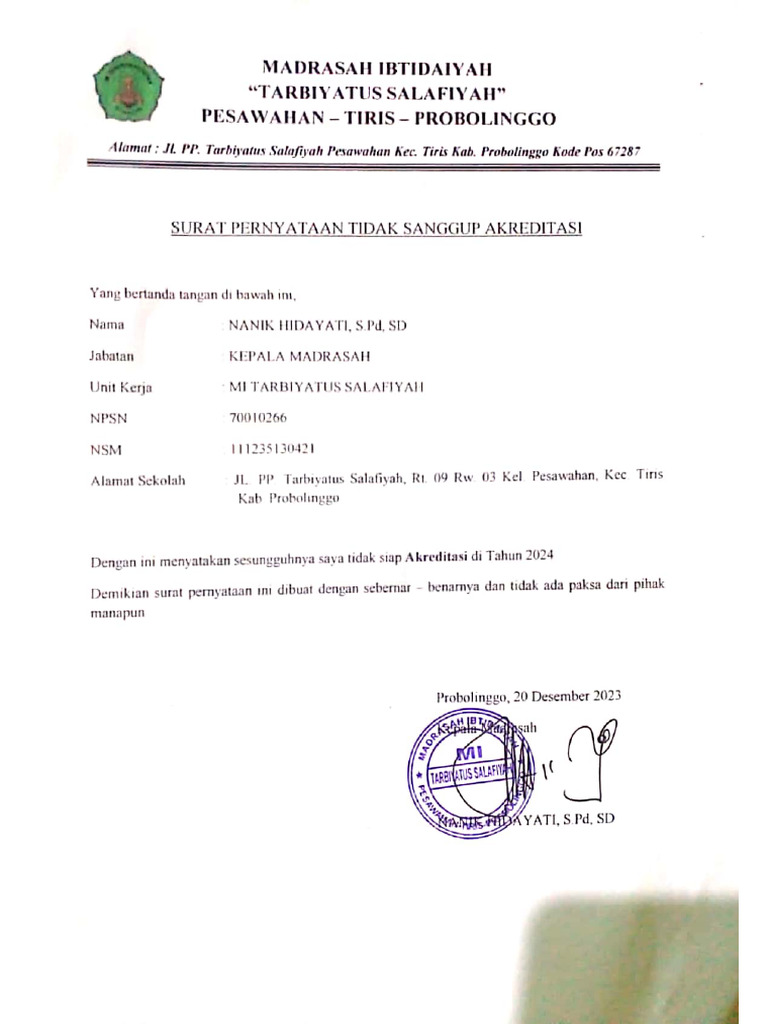 Surat Pernyataan Tidak Sanggup Akreditasi | PDF