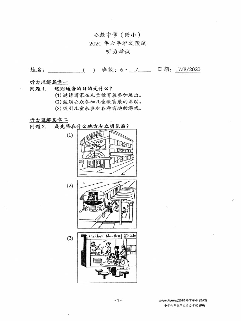 P6 Chinese SA2 2020 Catholic High Exam Papers | PDF