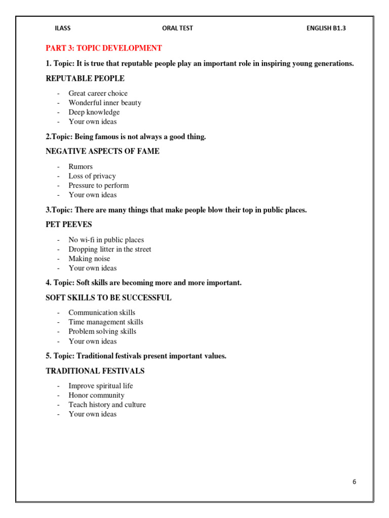 B1.3 English Oral Test Topics Guide | PDF | Career & Growth