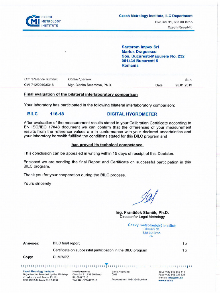 ILC Digital Higrometer CMI Certificate | PDF