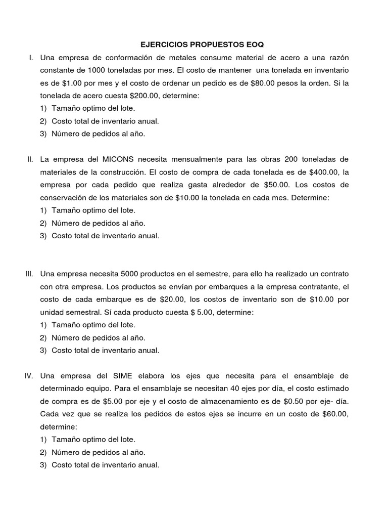 Ejercicios Inventarios EOQ | PDF