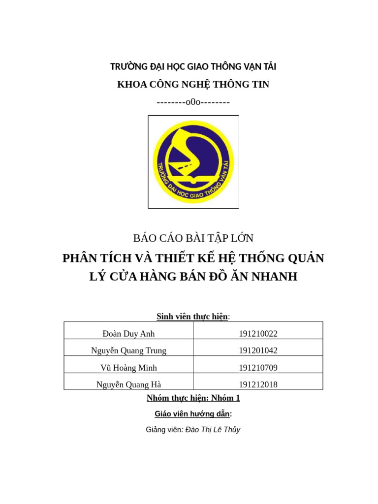 Bao Cao Bai Tap Lon Phan Tich Va Thiet Ke He Thong Quan Ly Cua Hang Ban Do An Nhanh | PDF