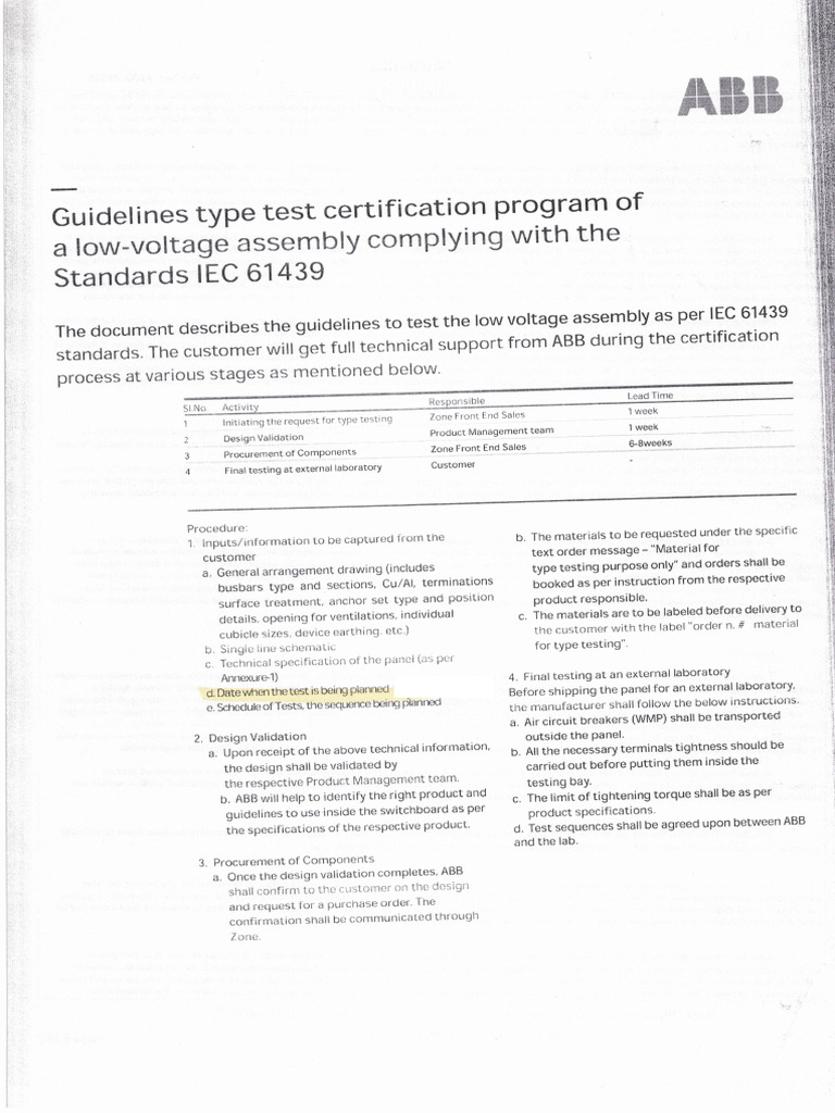 Low Voltage Switchgear Technical Specification For ABB Type Test PDF | PDF
